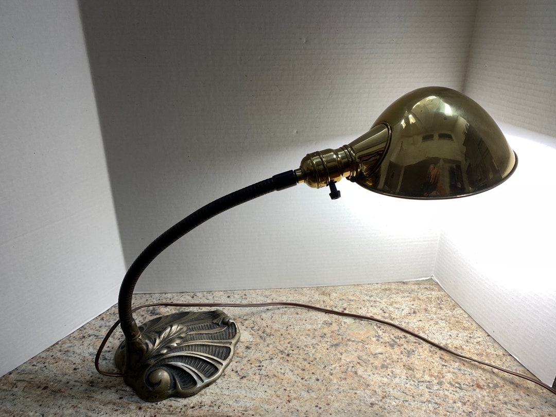 RARE Gooseneck Antique Lamp Parabolic Brass Shade & Cast Iron Art Deco ...