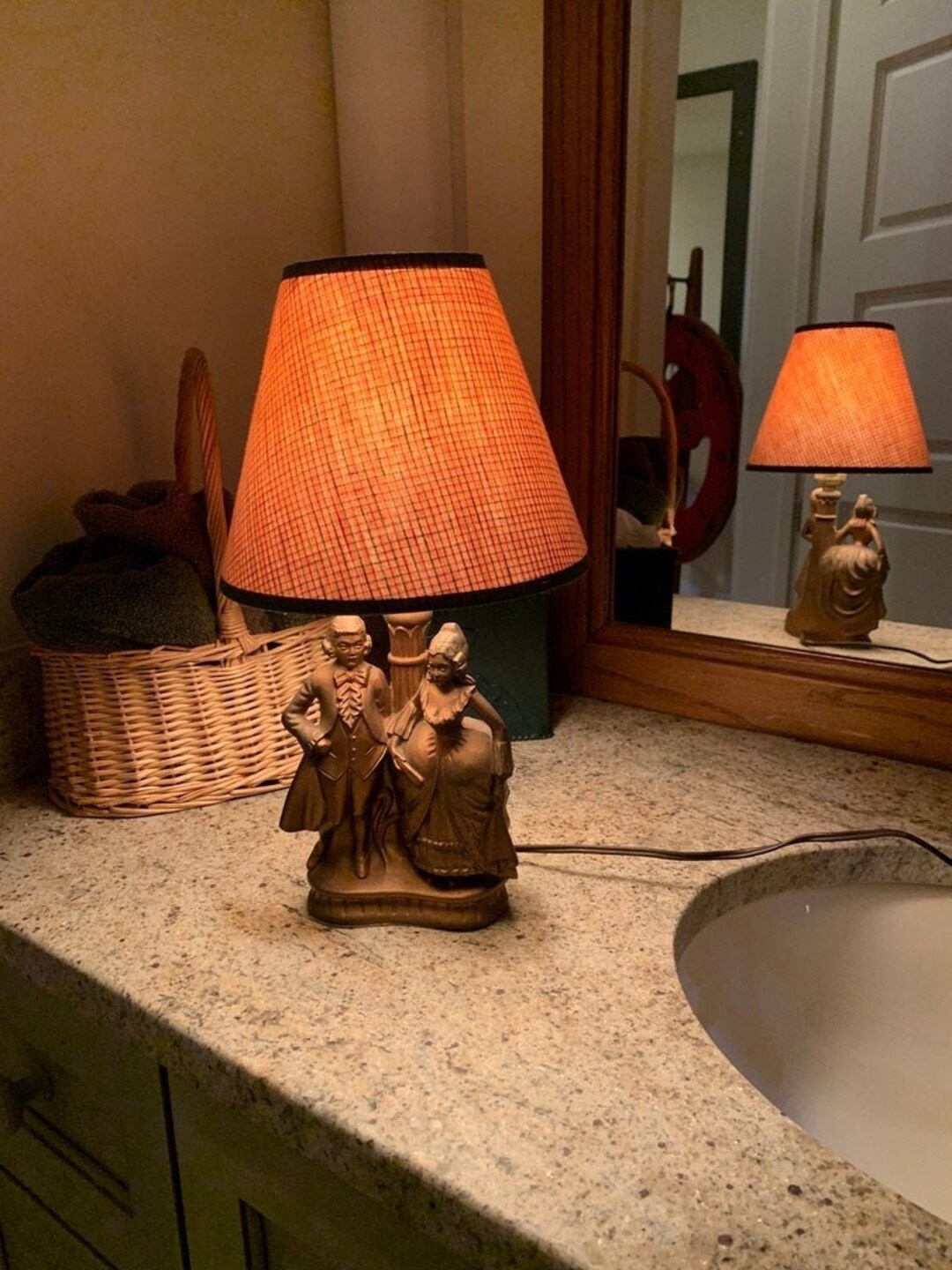 Vintage Lamp Cast Figurines Base Lamp W Flared Cloth Checkered Shade ...