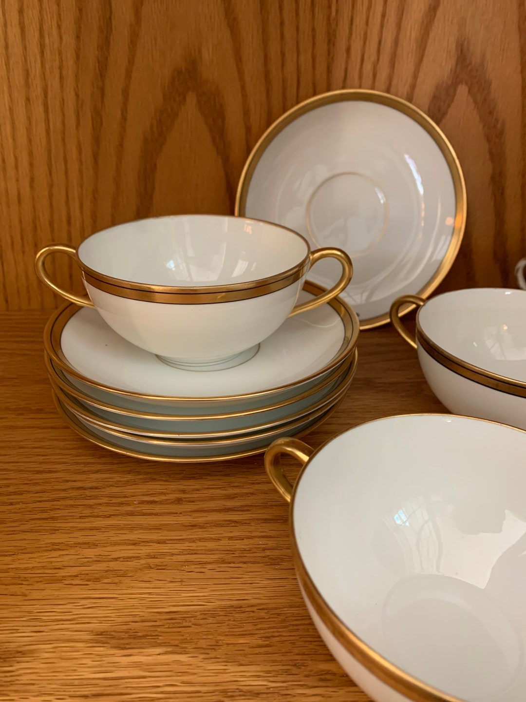 40S RARE SET Field Japan China 6 Saucers 5 Two-handled Tea Cups White ...