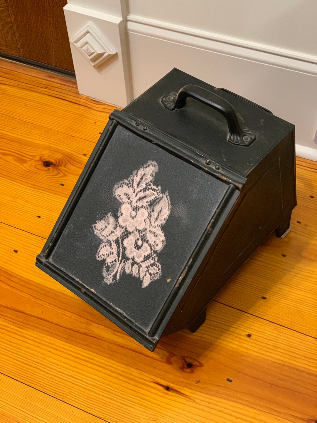 Coal English Scuttle Antique Metal Box Off-white Lace Trimmed Black ...