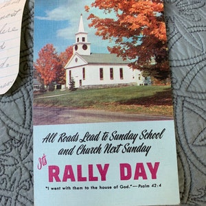 Rare 50s CHURCH RALLY Color POSTCARD & Written Prayer Card Reads “all ...