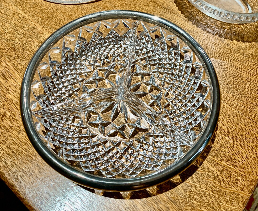 Divided CUT CRYSTAL DISH Silver Metal Rim Divided Dish Cut Glass Dining ...