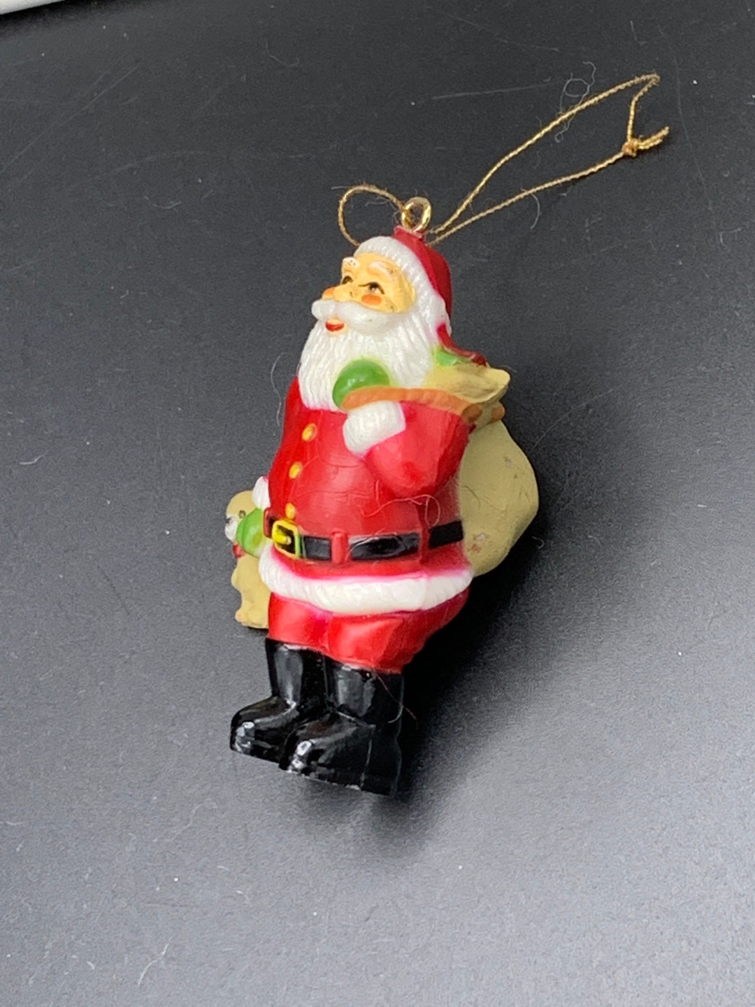 70s SANTA TREE ORNAMENT Detailed W Teddy, Full Bag on Back 2 5/8” High ...