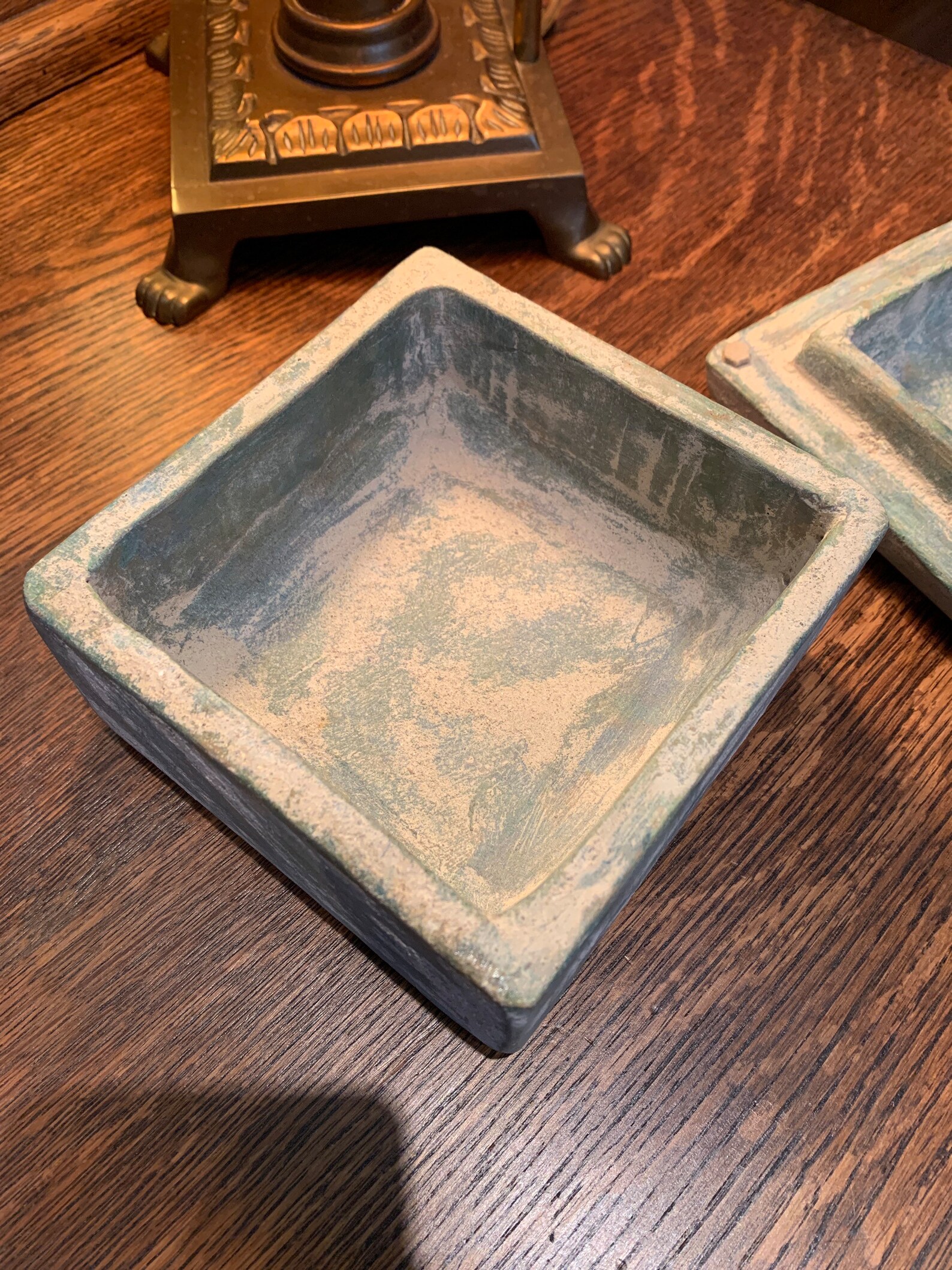 Lidded Ceramic Square Box Vintage Flat Teal-ish W Lt Gold & Cream Swirl ...