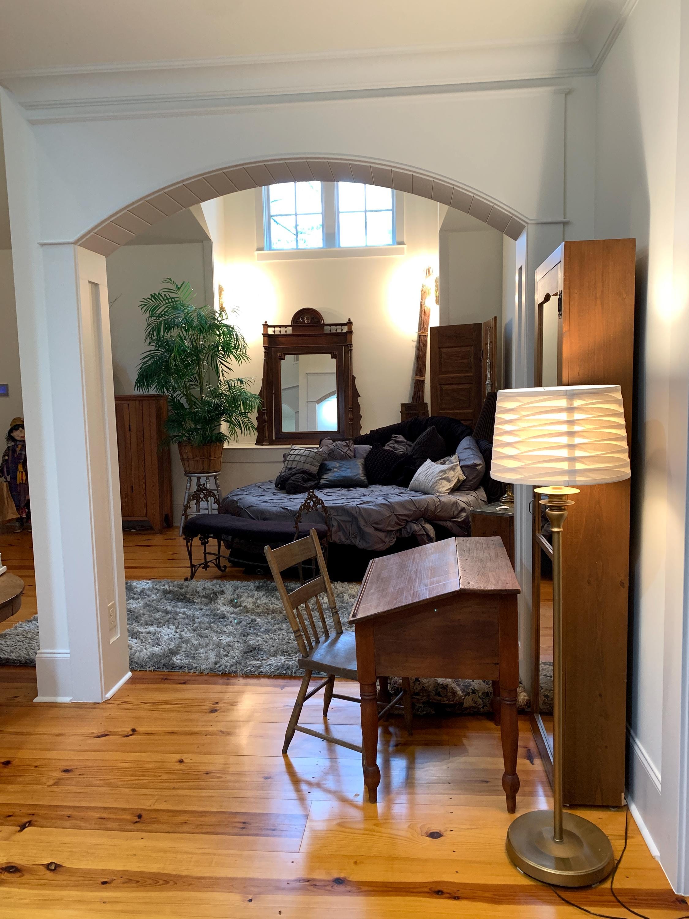 RARE Round Bed Frame and Headboard W Black Cover and Quilted Gray ...