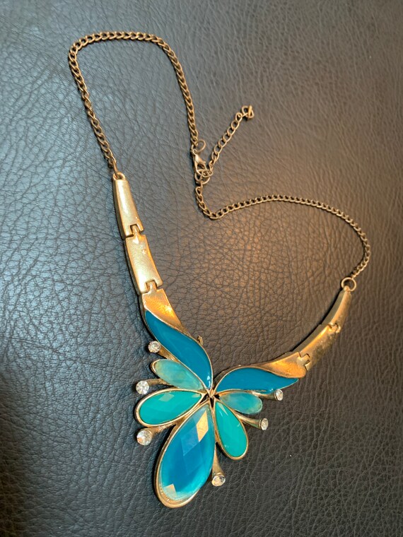 Vintage BUTTERFLY Necklace Statement Turquoise Blue c… - Gem