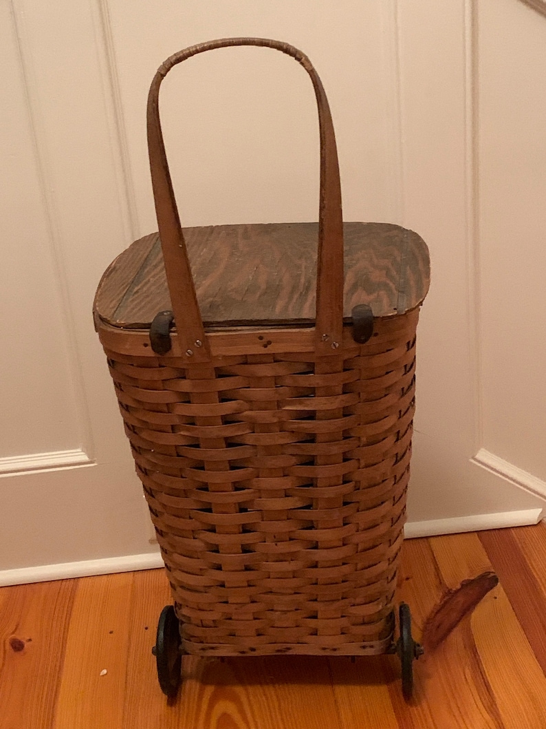 RARE Basket Antique Primitive Market Wicker Rolling Cart - Etsy