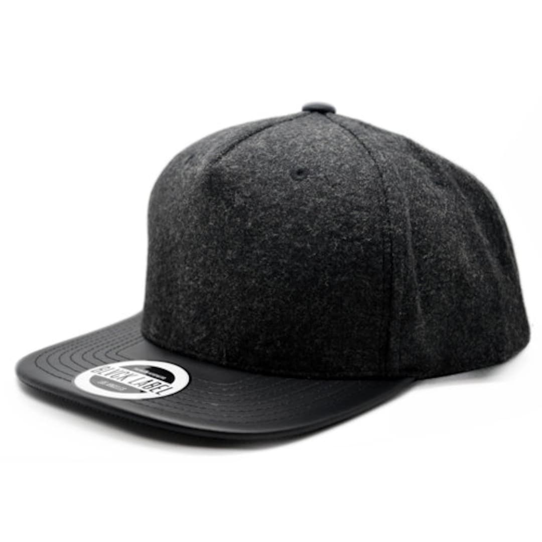 Custom 5 Panel Hat - Wool Snapback - Grey Wool Hat - Black Faux Leather ...