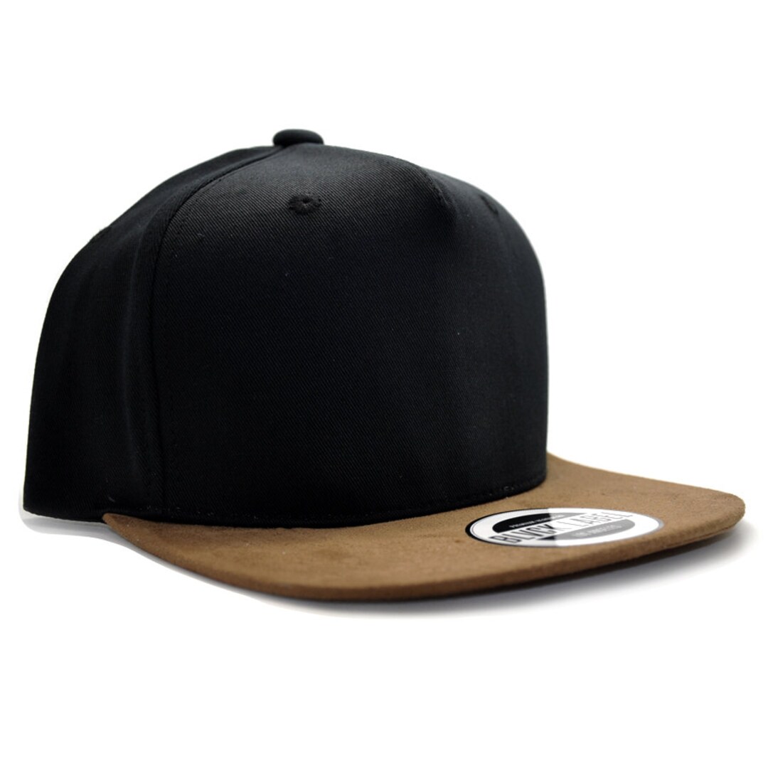 5 Panel Strapback Hat | Black and Tan Suede Flat Bill | Your Logo Here ...