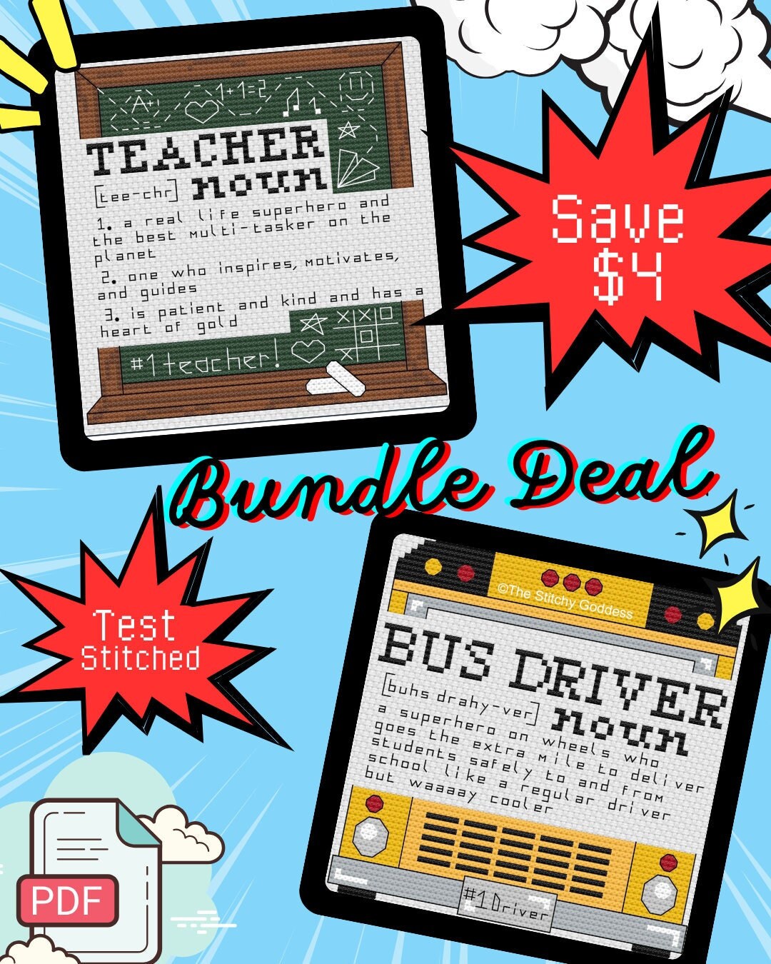 Teacher and Bus Driver Noun School Gift Digital PDF Cross Stitch ...