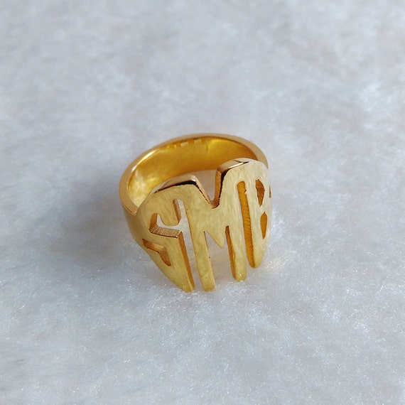 Gold Circle Block Monogram Ring3 Initials Monogrammed Name | Etsy