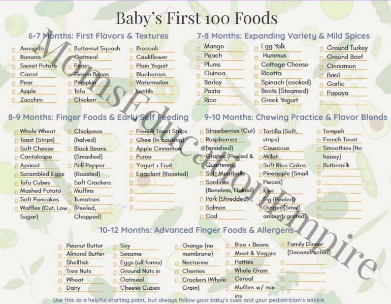Baby's First 100 Foods Checklist - Etsy