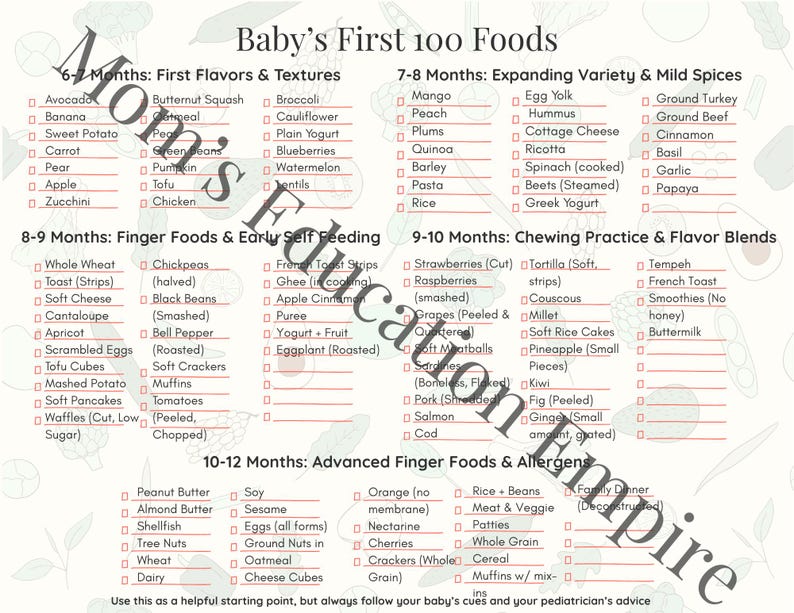 Baby's First 100 Foods Checklist Pink - Etsy