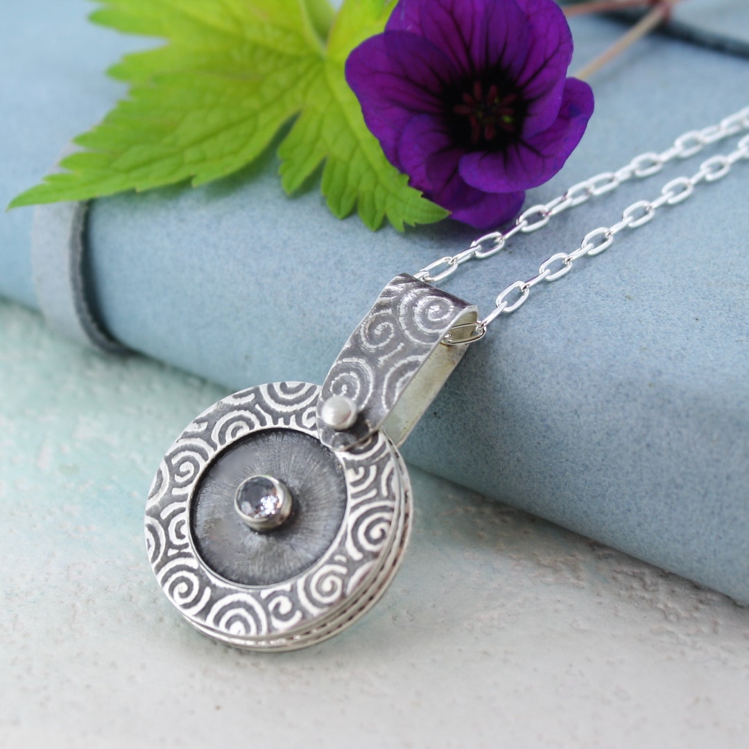 Handmade Textured Silver Photo Locket With Aquamarine, Gift for Mum ...
