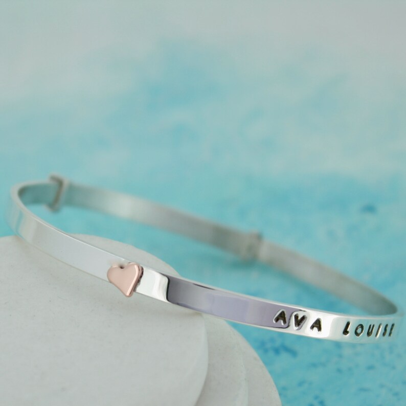 Adjustable Silver Bangle With Gold Heart - Etsy