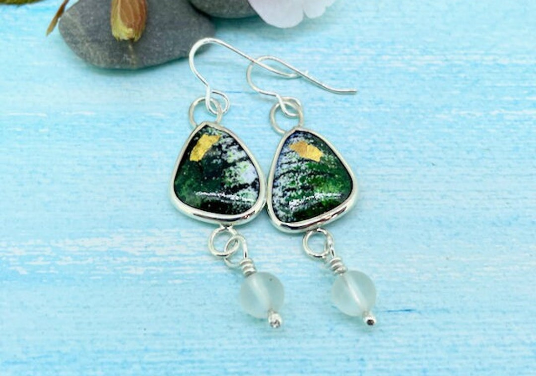 Green and Gold Enamel Earrings - Etsy