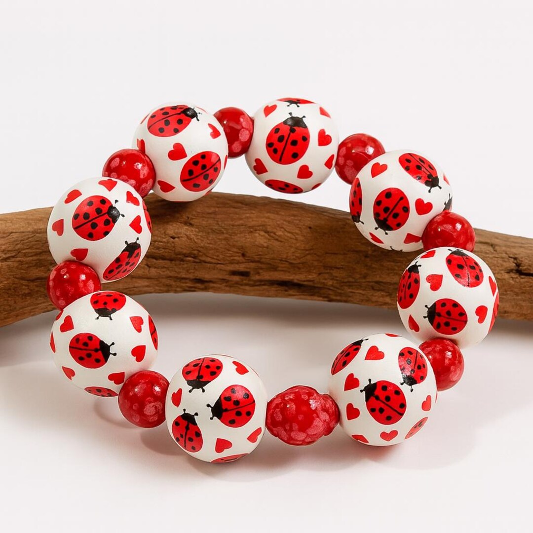 Two Handmade Ladybug Wooden Bead Bracelet - Set: Red & White (2-piece ...