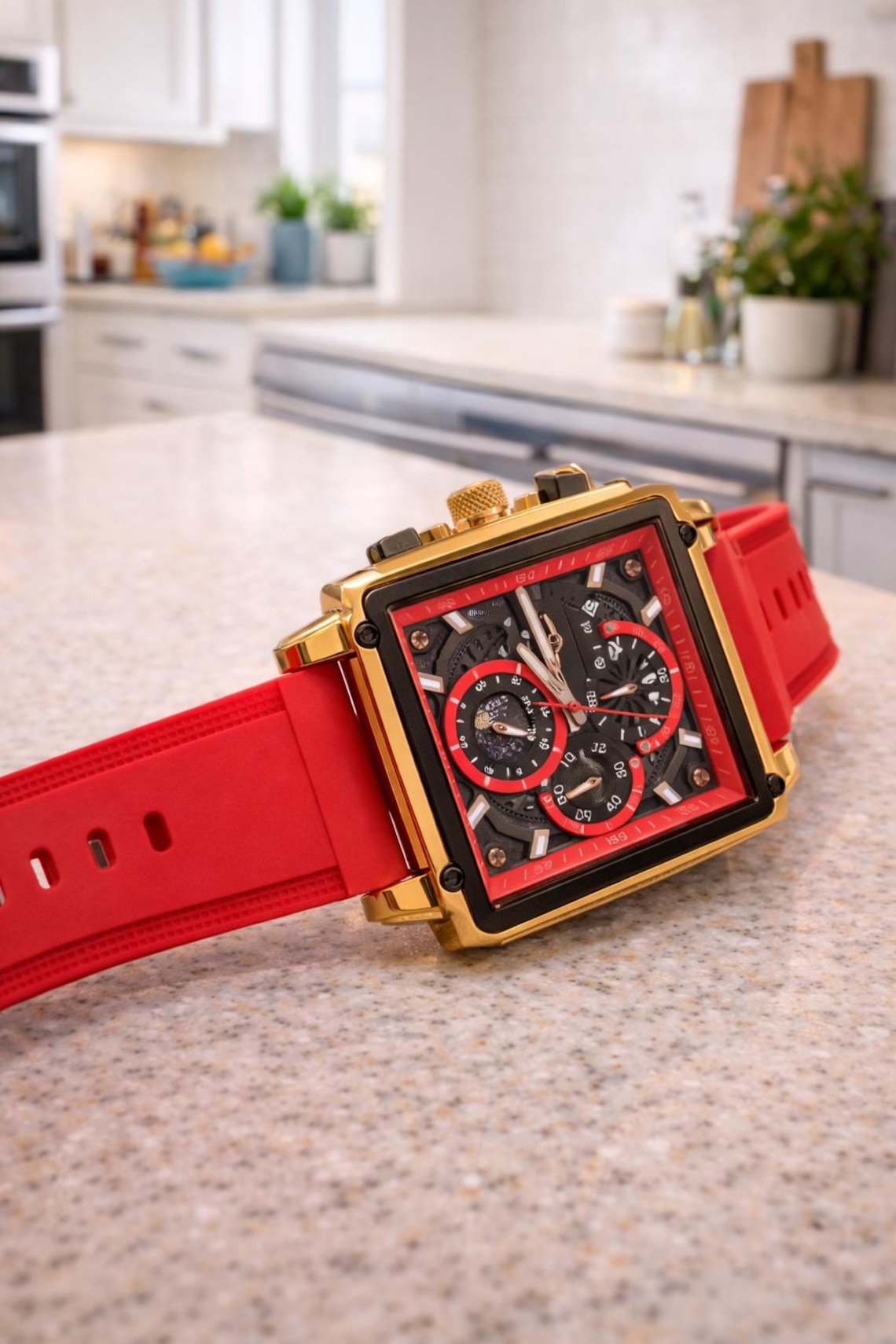 Men’s Red Rubber Band Watch – Square Face With Three-dial Center & Gold ...