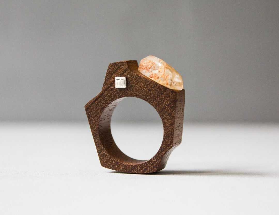 Contemporary Wooden and Raw Crystal Ring, Modern Minimalist Unique ...