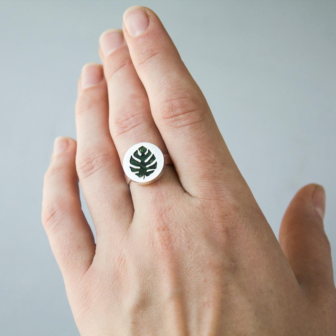 Monstera Leaf Ring in Sterling Silver and Green Wood, Botanical ...