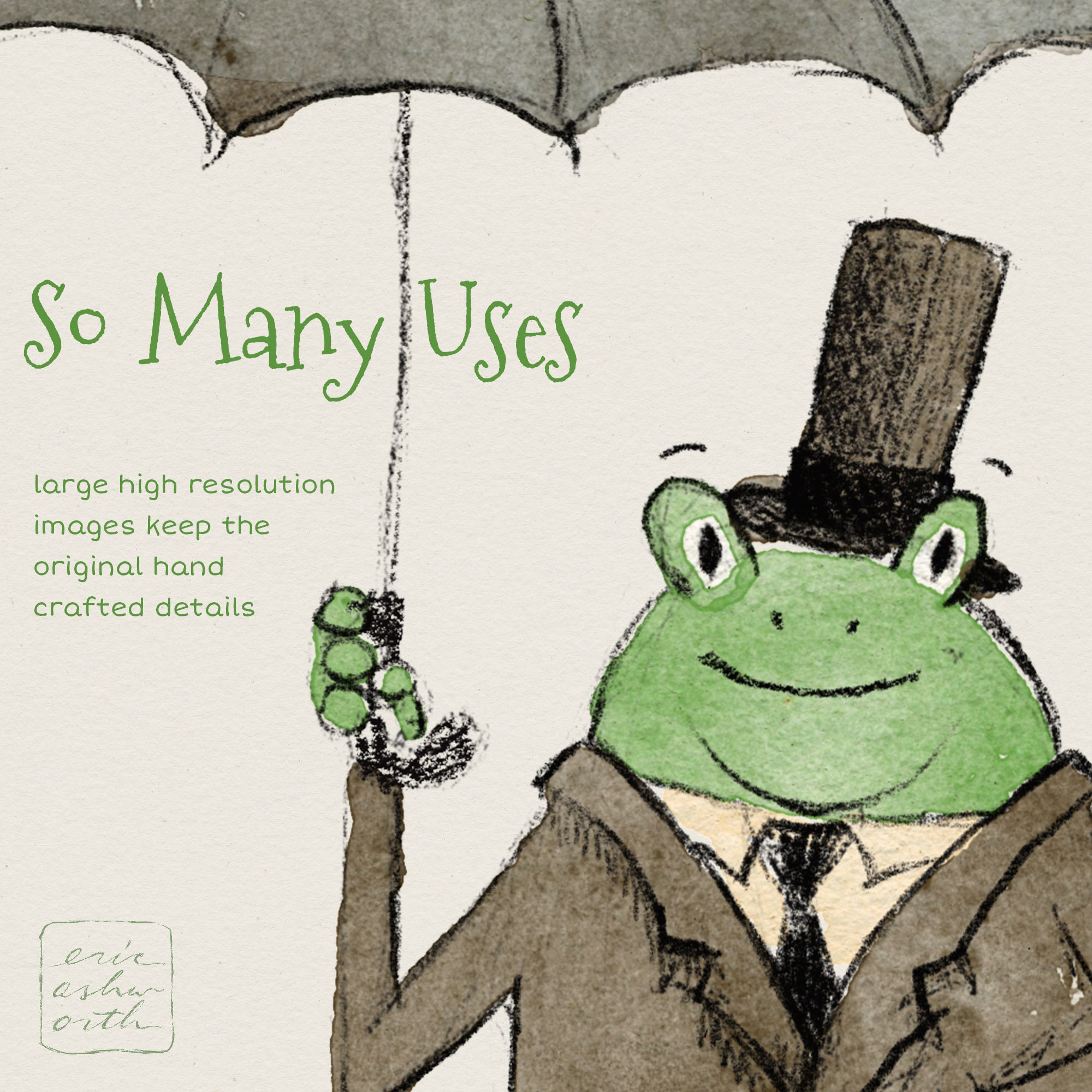 Cute Gentleman Frog With Umbrella Under a Rain Cloud, Vintage Style ...