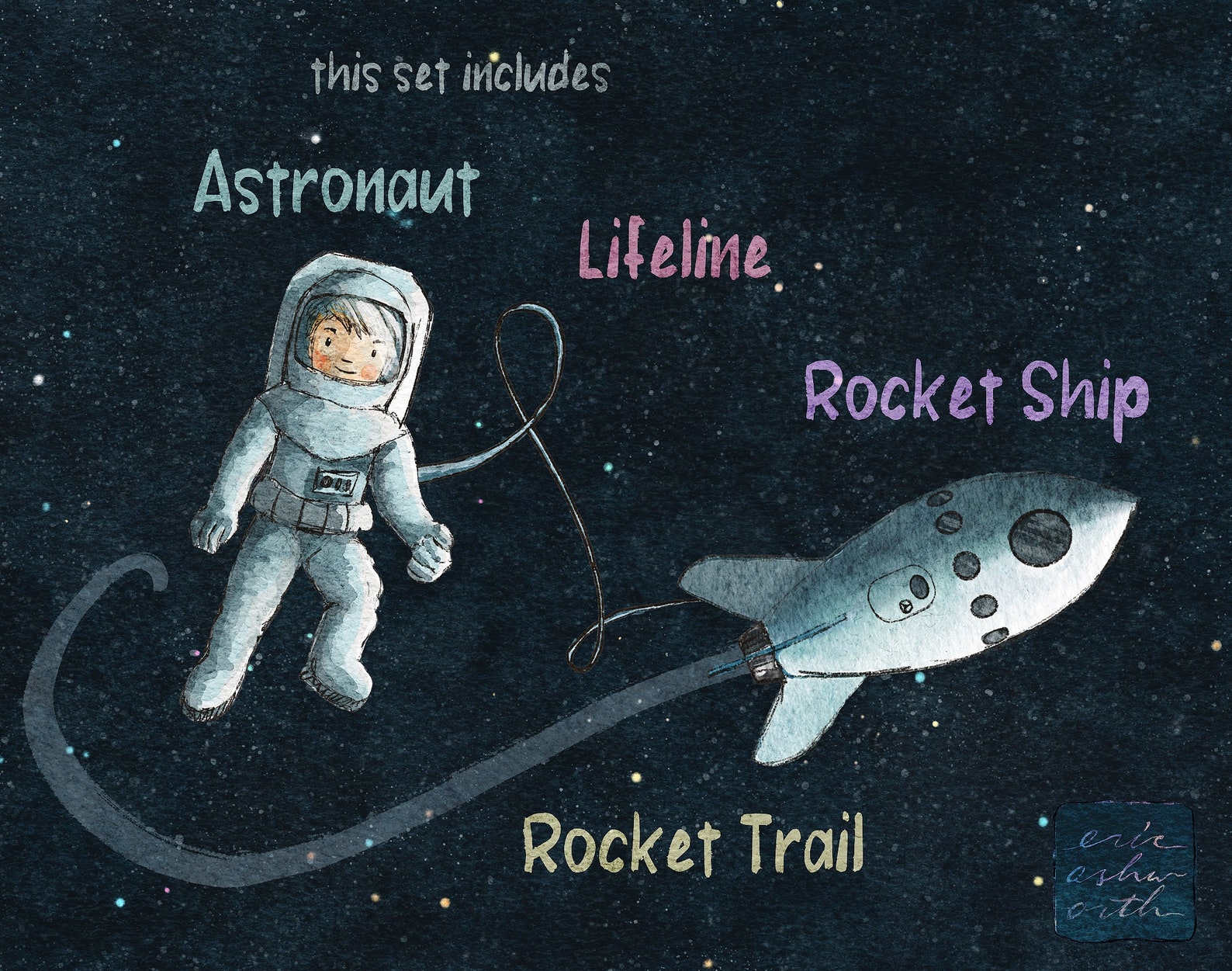 Outer Space Watercolor Clip Art, Cute Astronaut Moonshot Adventure ...