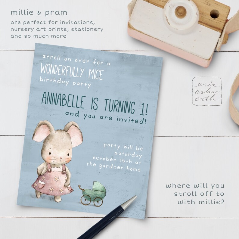 Baby Mouse Pup & Toy Pram/stroller Watercolor Illustration Clip Art ...