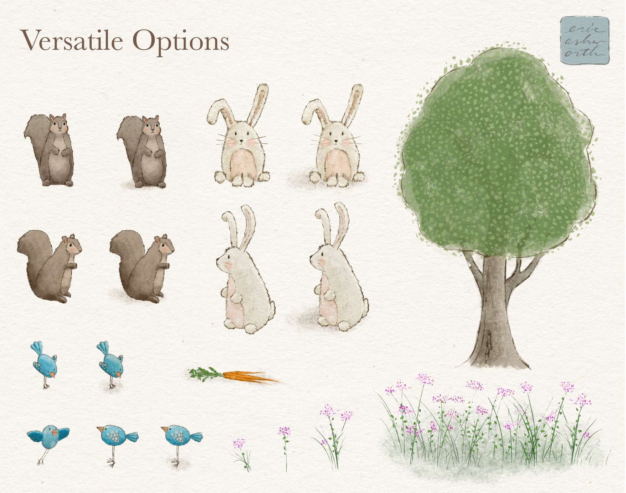 Bunnies, Birds, & Squirrels Clip Art, Cute Hand Drawn Rabbit Clipart ...