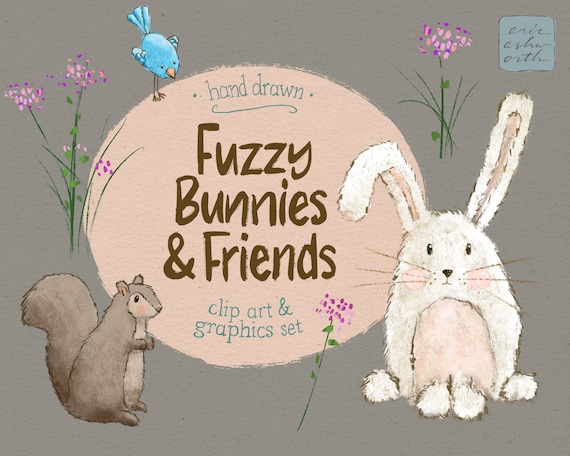 Bunnies Birds & Squirrels Clip Art Cute Hand Drawn Rabbit - Etsy