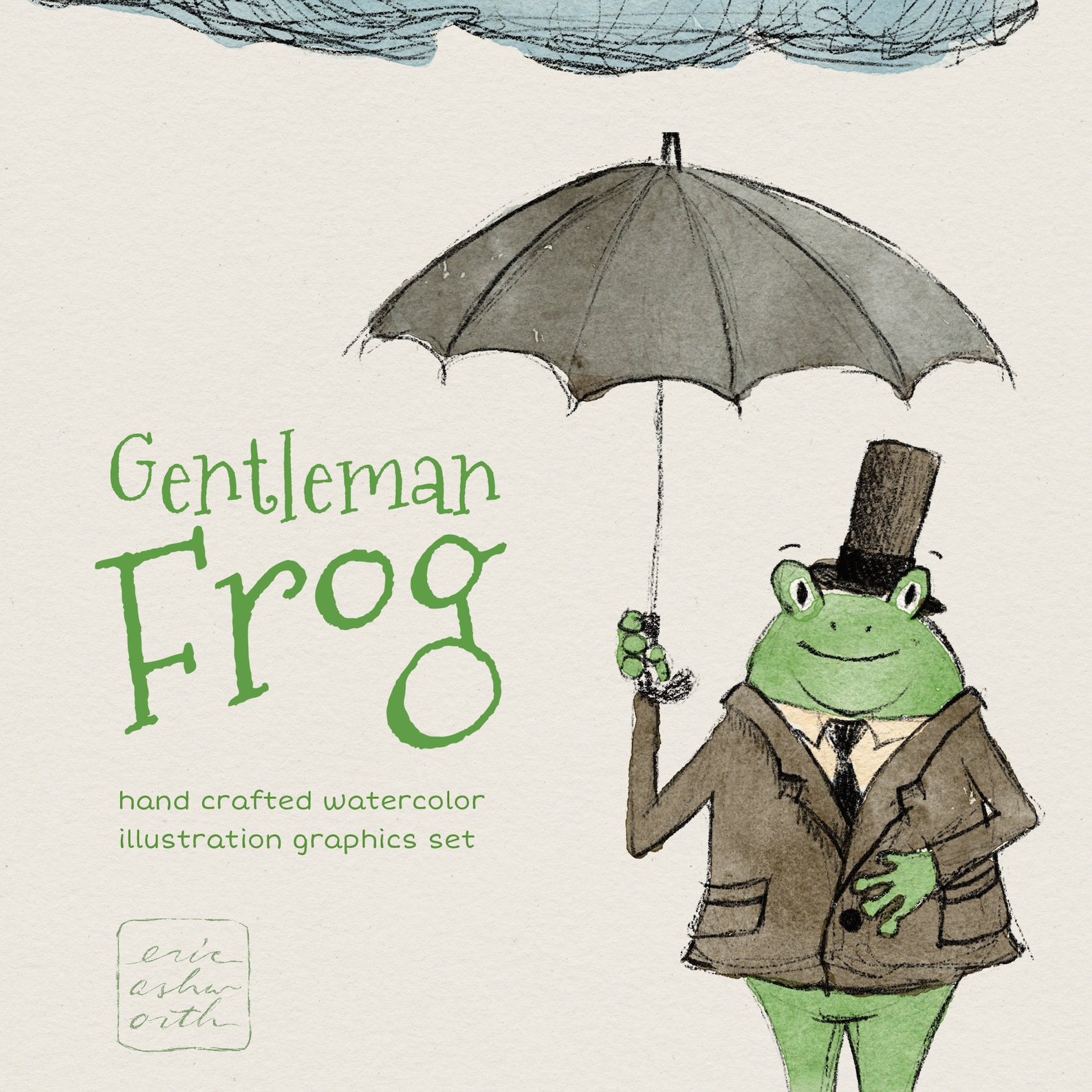 Cute Gentleman Frog With Umbrella Under a Rain Cloud, Vintage Style ...
