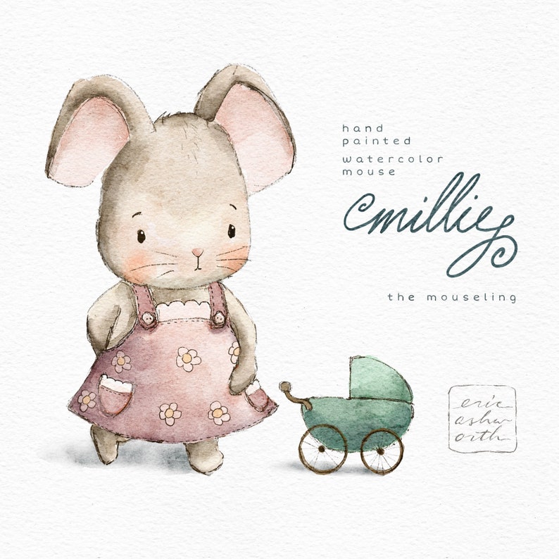 Baby Mouse Pup & Toy Pram/stroller Watercolor Illustration Clip Art ...