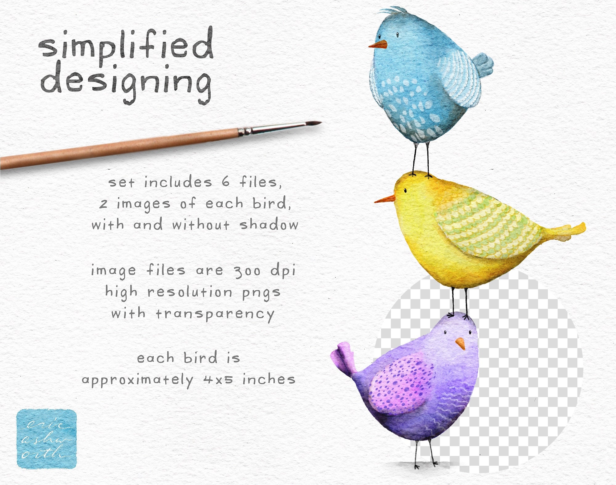 3 Colorful Birds, Whimsical Watercolor Clip Art Set, 3 Little Birds for ...