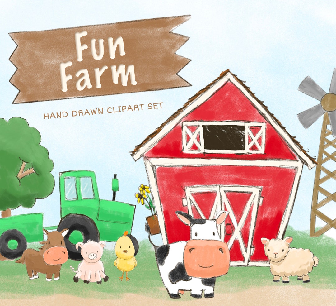 Cute Fun Farm Animals and Clipart, Hand Drawn Illustrations, Birthday ...