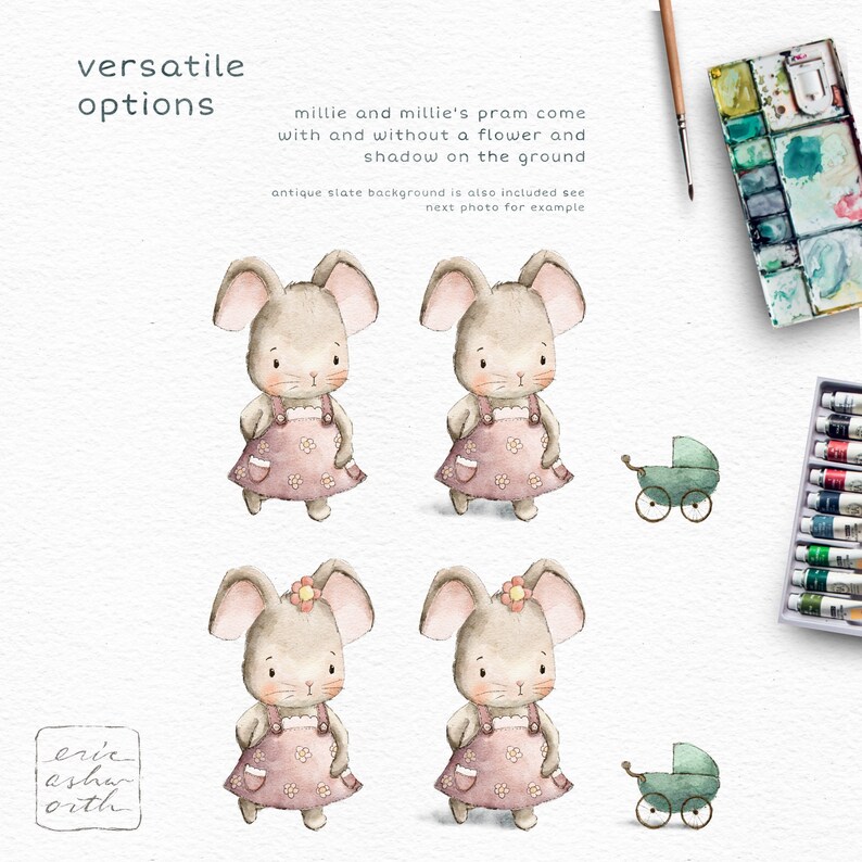 Baby Mouse Pup & Toy Pram/stroller Watercolor Illustration Clip Art ...