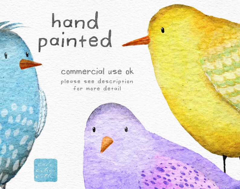 3 Colorful Birds, Whimsical Watercolor Clip Art Set, 3 Little Birds for ...