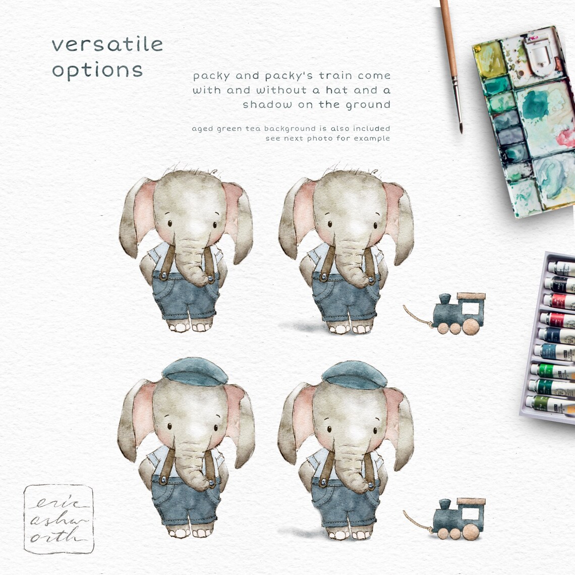 Baby Elephant & Toy Train Watercolor Clip Art Cute Packy - Etsy