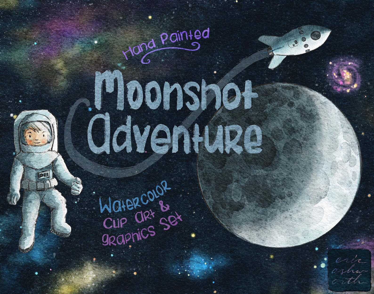 Outer Space Watercolor Clip Art, Cute Astronaut Moonshot Adventure ...