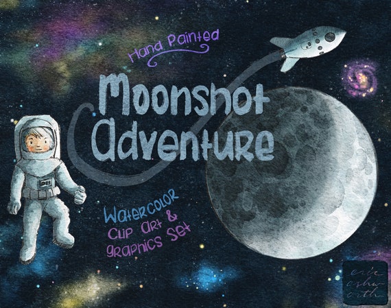 Outer Space Watercolor Clip Art Cute Astronaut Moonshot - Etsy