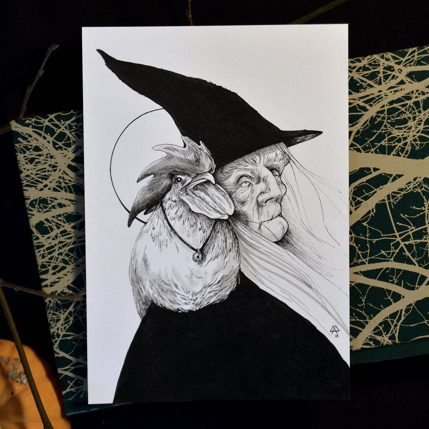 Original Ink Drawing Inktober Witch and Chicken - Etsy