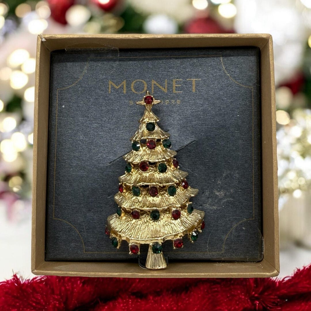 Vintage Monet Christmas Tree Brooch Holiday Pin Green Red Rhinestones ...