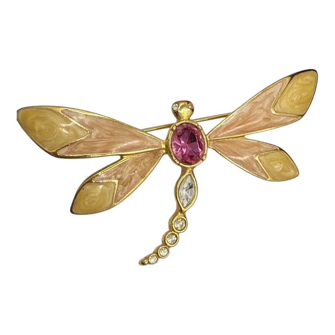 Vintage KJL AVON Dragonfly Brooch Clear Pink Rhinestones Goldtone ...