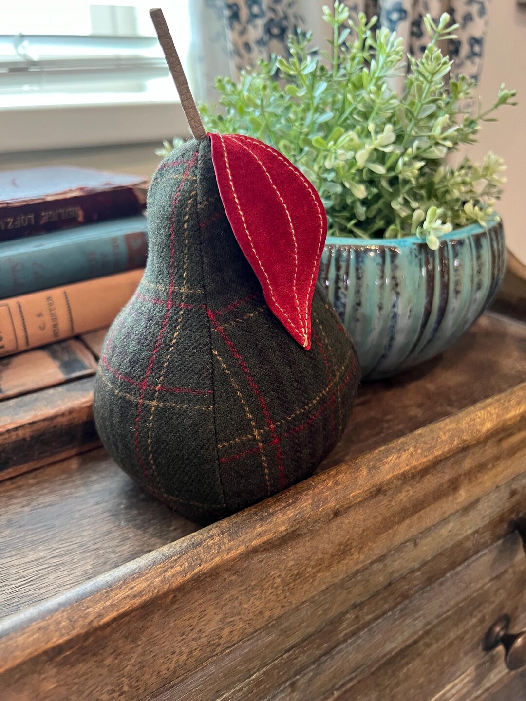 Stuffed Wool Pear With Leather Leaf, Pear Decor, Quilted Pear, Stuffed ...