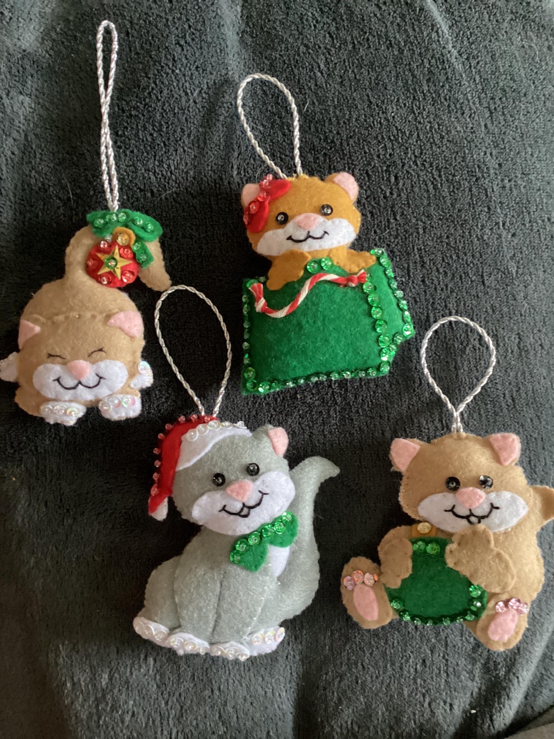 Completed Felt Cat Ornaments, Christmas Packages, Sequins, Beads,set of ...