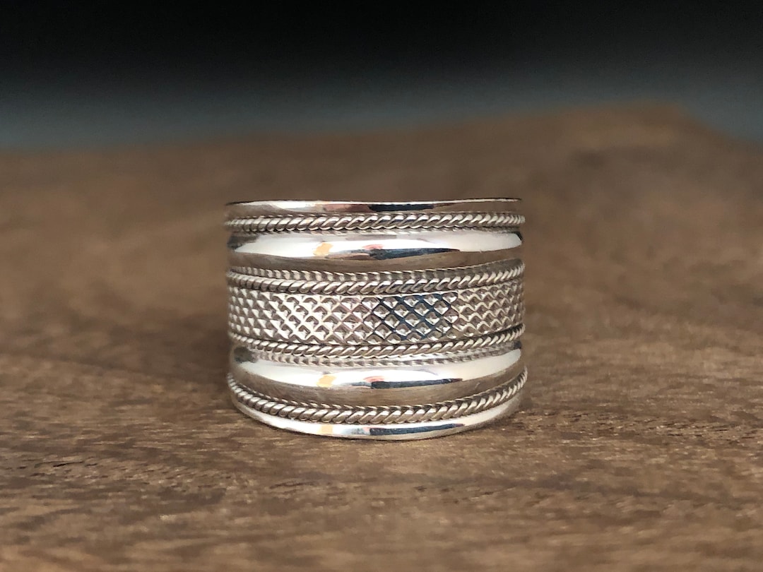 Handmade Wide Band Sterling Silver Bali Ring: Checkered Design - Etsy