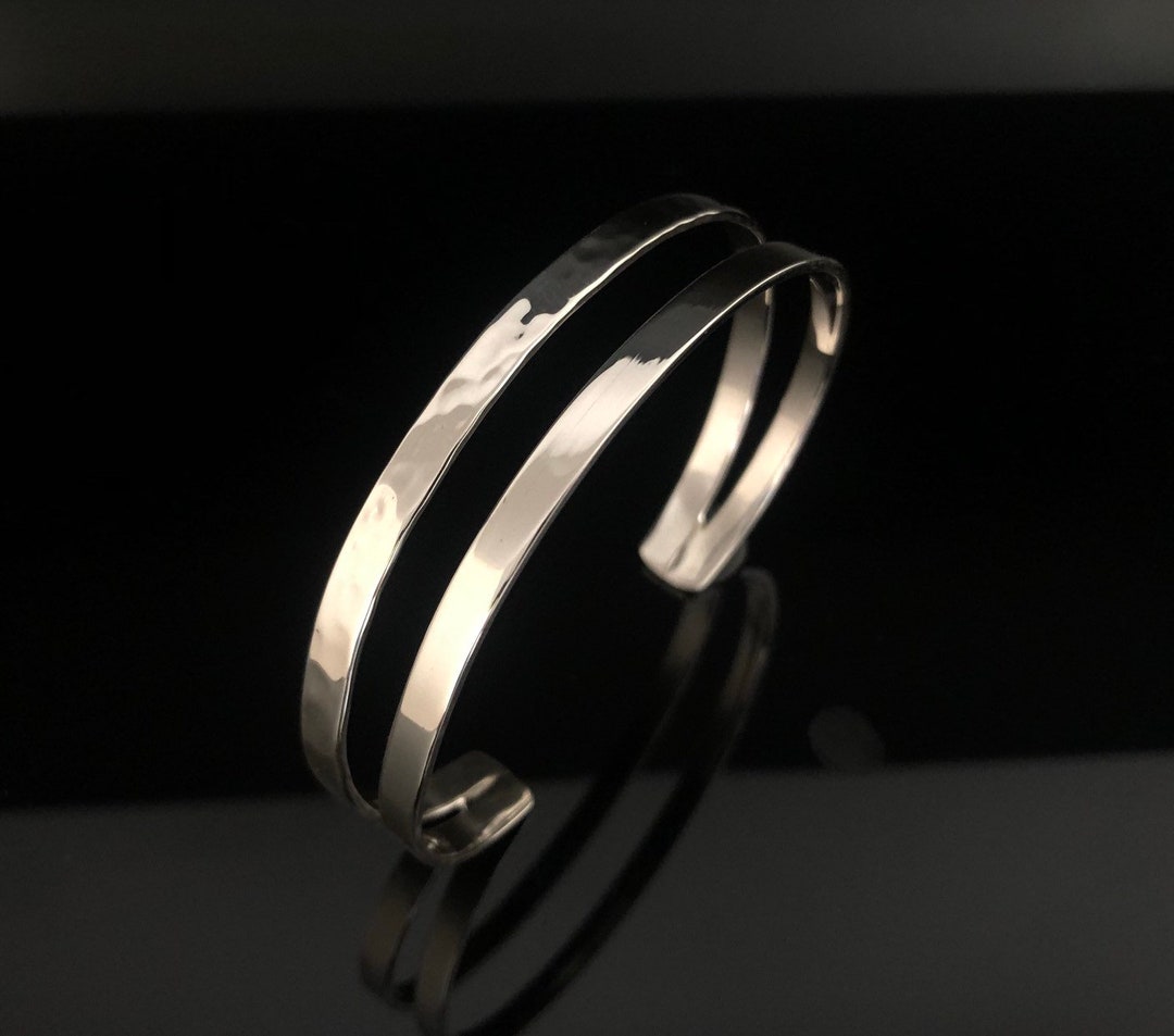 Hammered Sterling Silver Double Band Cuff - Adjustable Open Bangle - Etsy