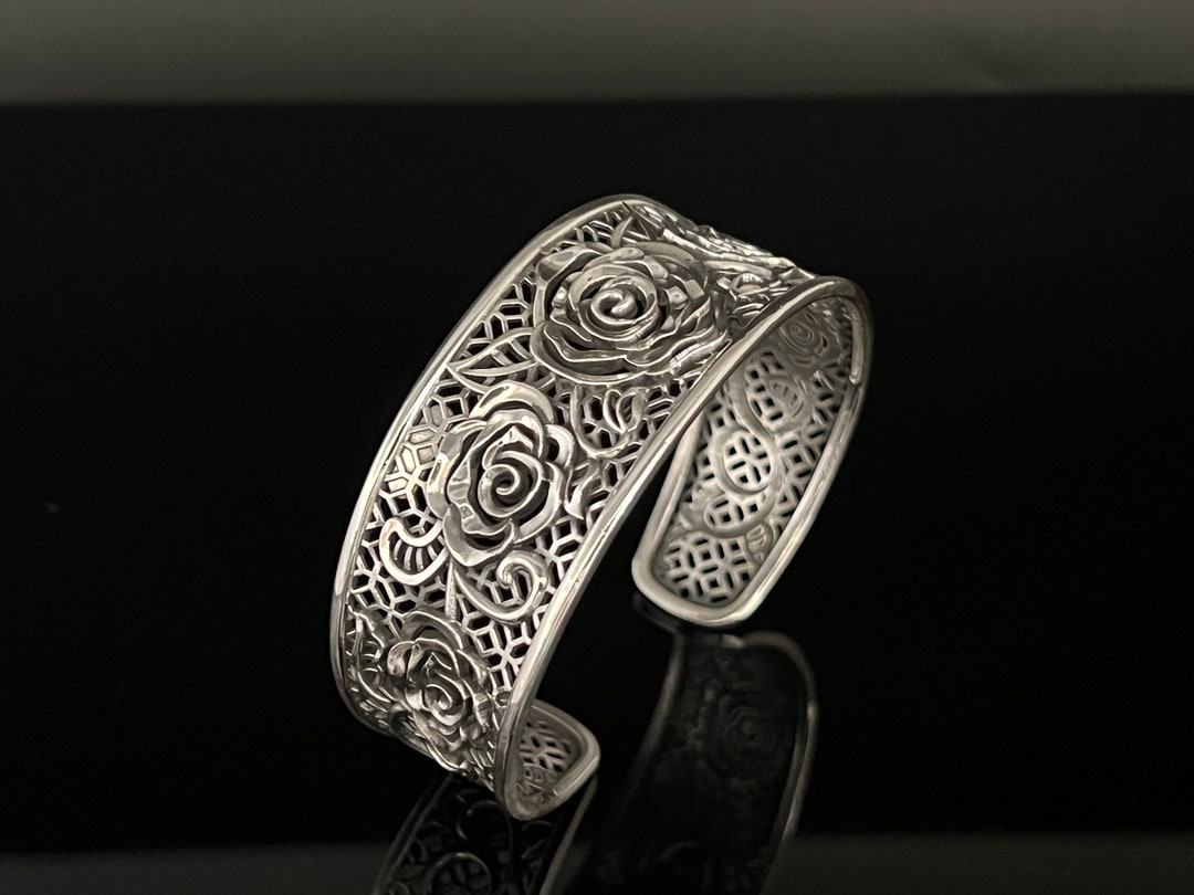 Silver Victorian Roses Cuff Bracelet 925 Sterling Silver Rose Bangle ...