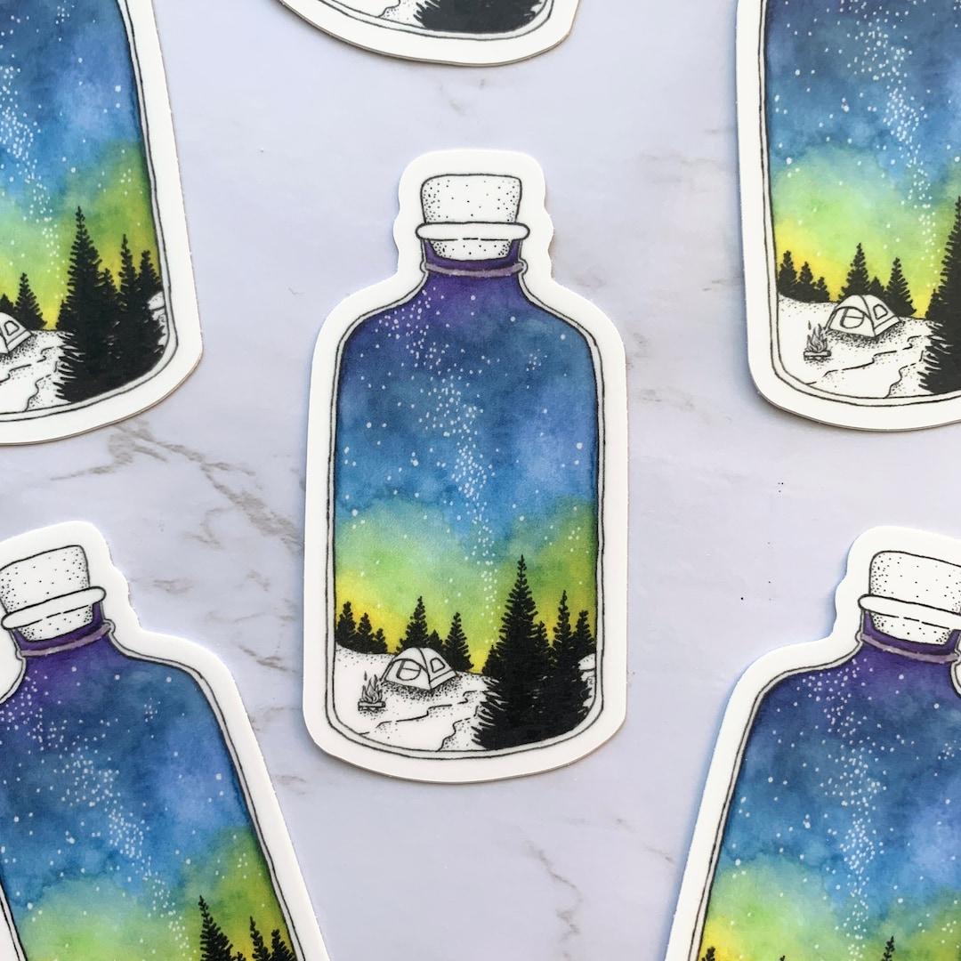 Galaxy Bottle Die-cut Sticker, Camping Sticker, Bottled Summer, Nature ...