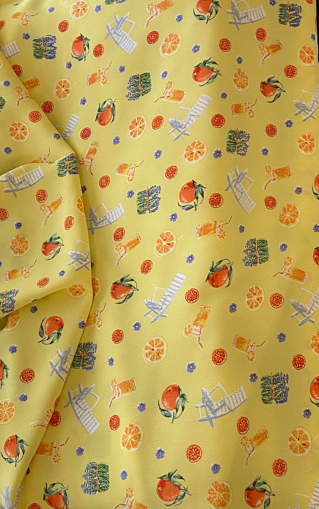 Yellow Rayon Crepe Fabric: Summertime Fruit & Beach Print, Rayon Fabric ...