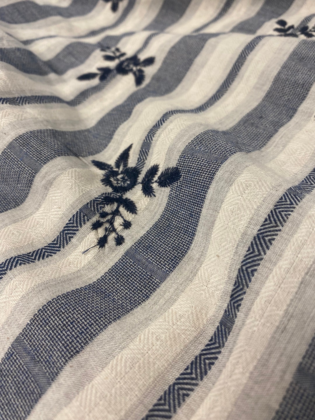 Embroidered Blue Striped Linen Fabric, Blue Striped Linen Fabric by the ...
