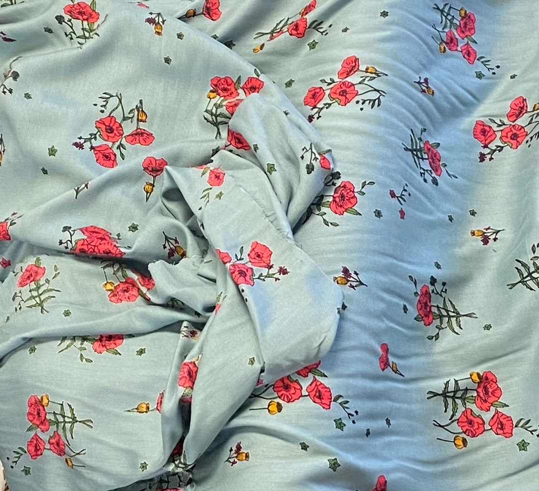 Floral Rayon Challis Fabric: Red Flowers on Teal Green - by the Yard - Etsy